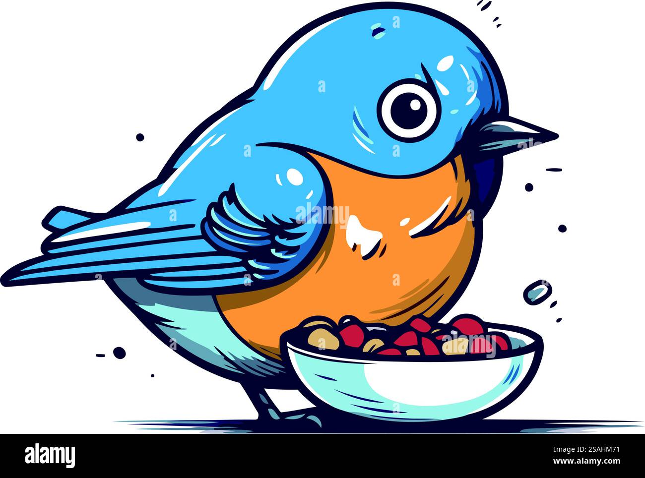 Cartoon funny blue bird with bowl of food. Vector illustration Stock ...