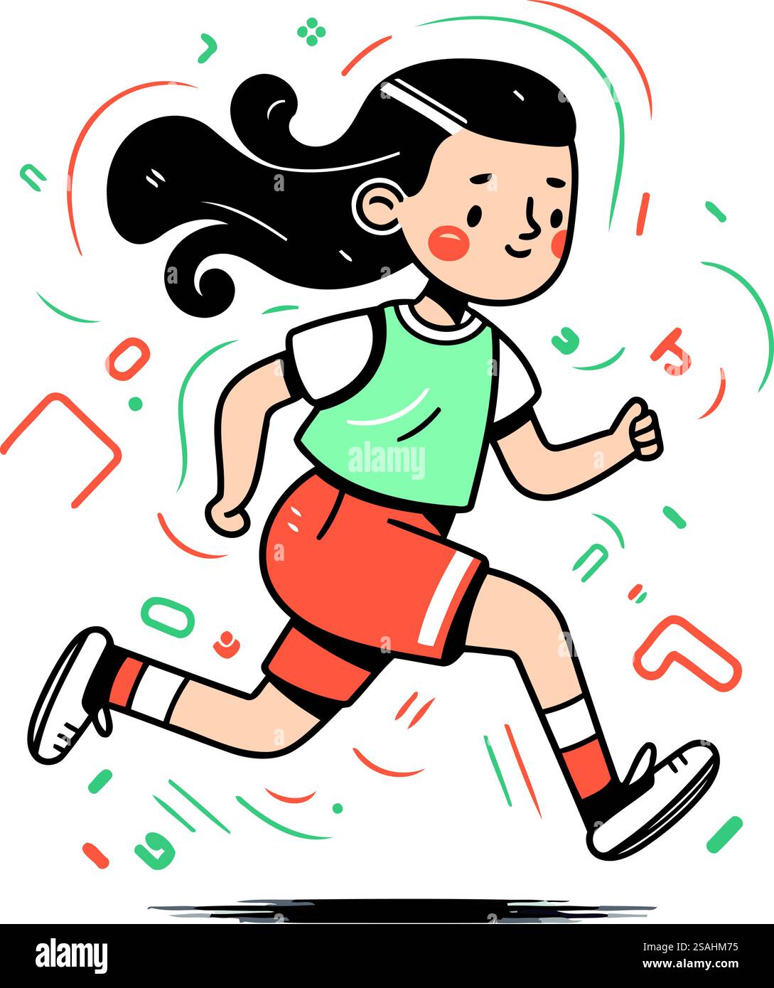 Running girl. Healthy lifestyle. Vector illustration in cartoon comic ...