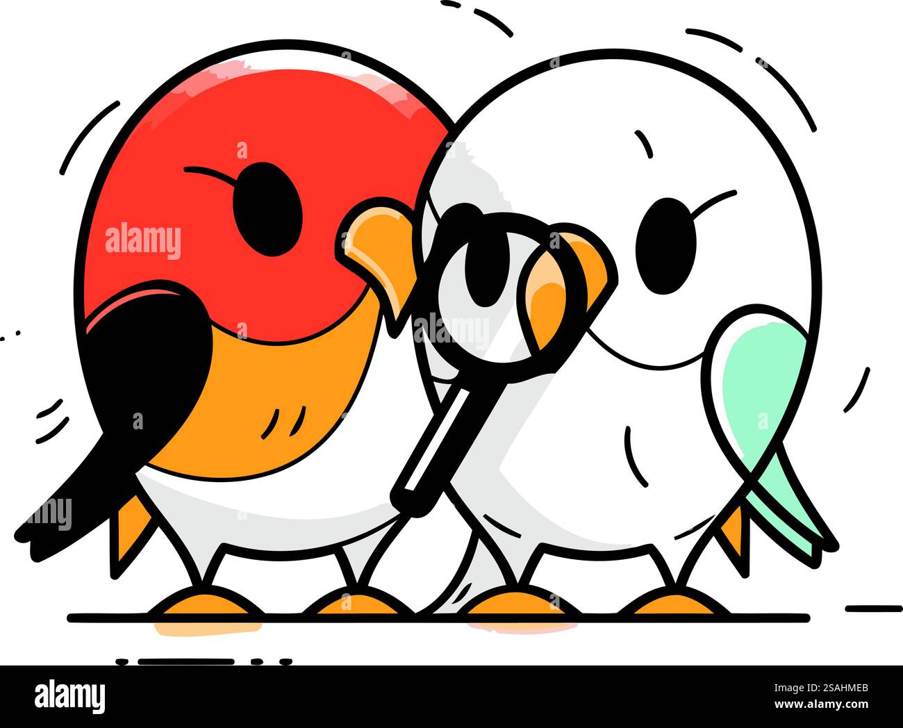 Cute cartoon birds with magnifying glass. Vector illustration in line ...