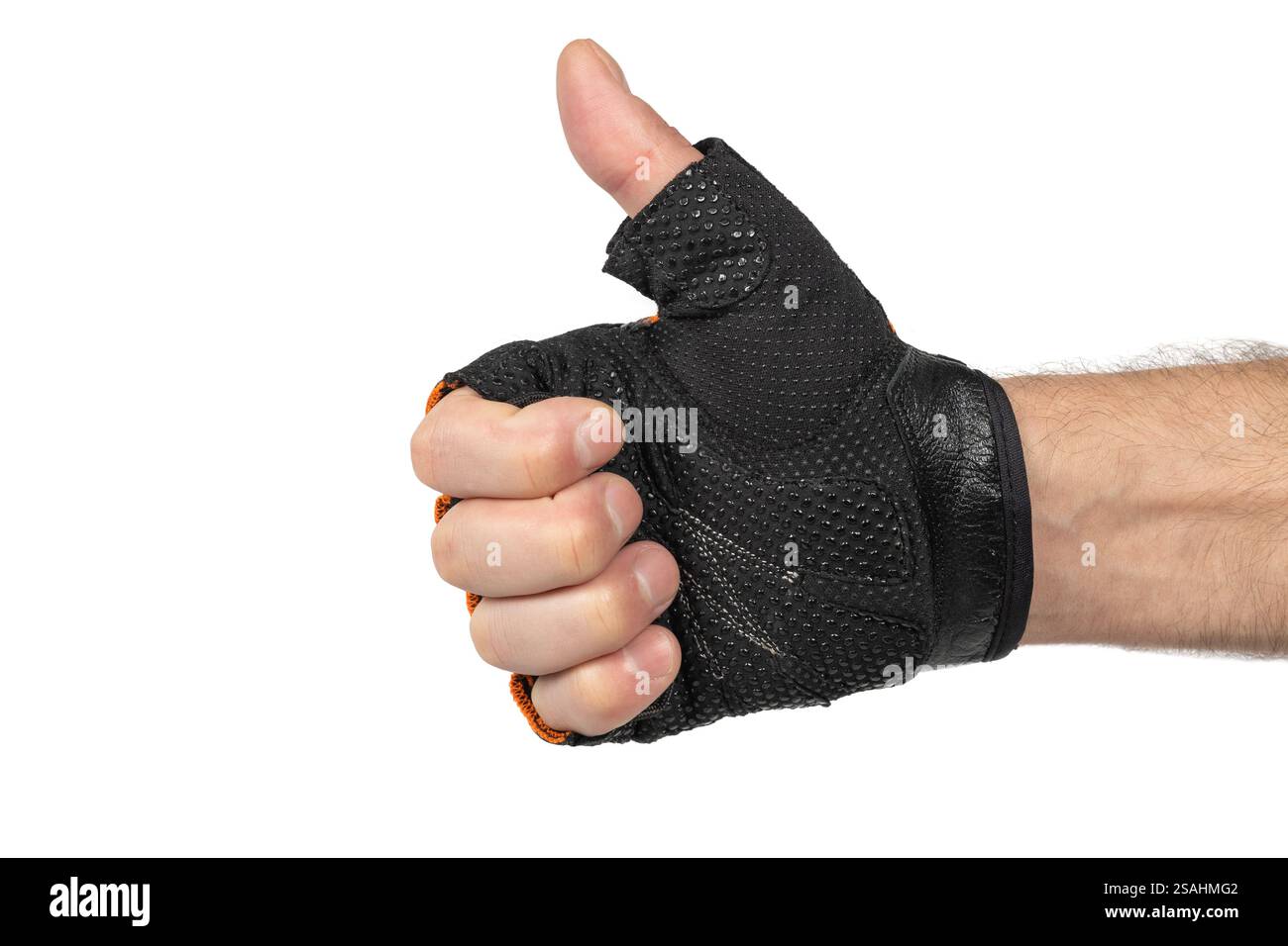 Hand in bicycle gloves shows thumbs up on white background. Workout ...