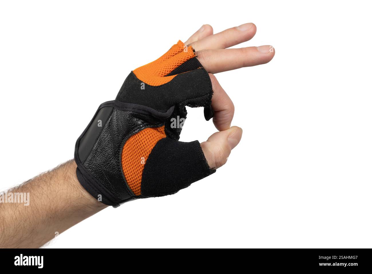 Hand in bicycle gloves shows ok on white background. Workout gloves ...