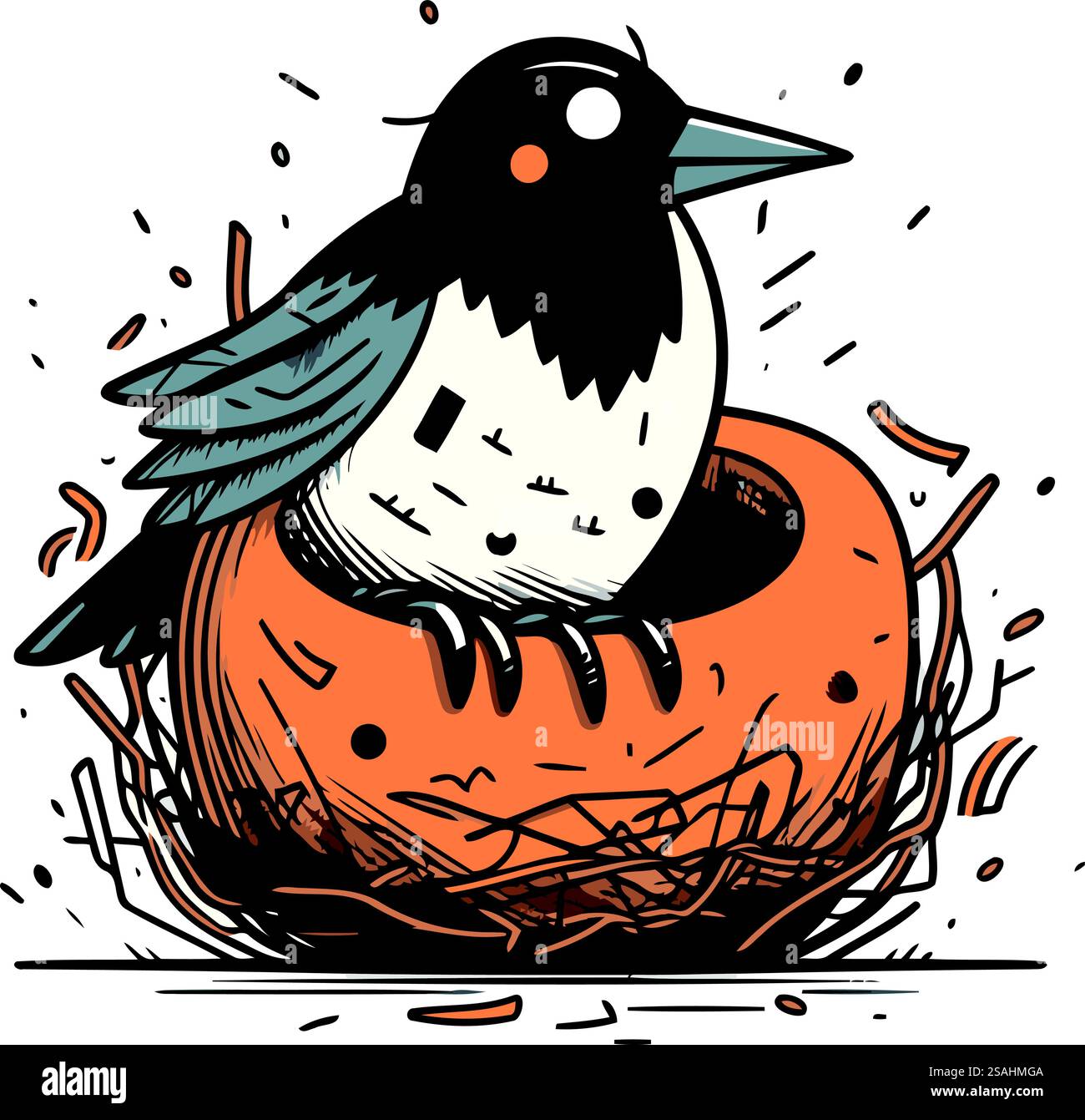 Hand drawn vector illustration of a crow sitting on a nest. Isolated ...