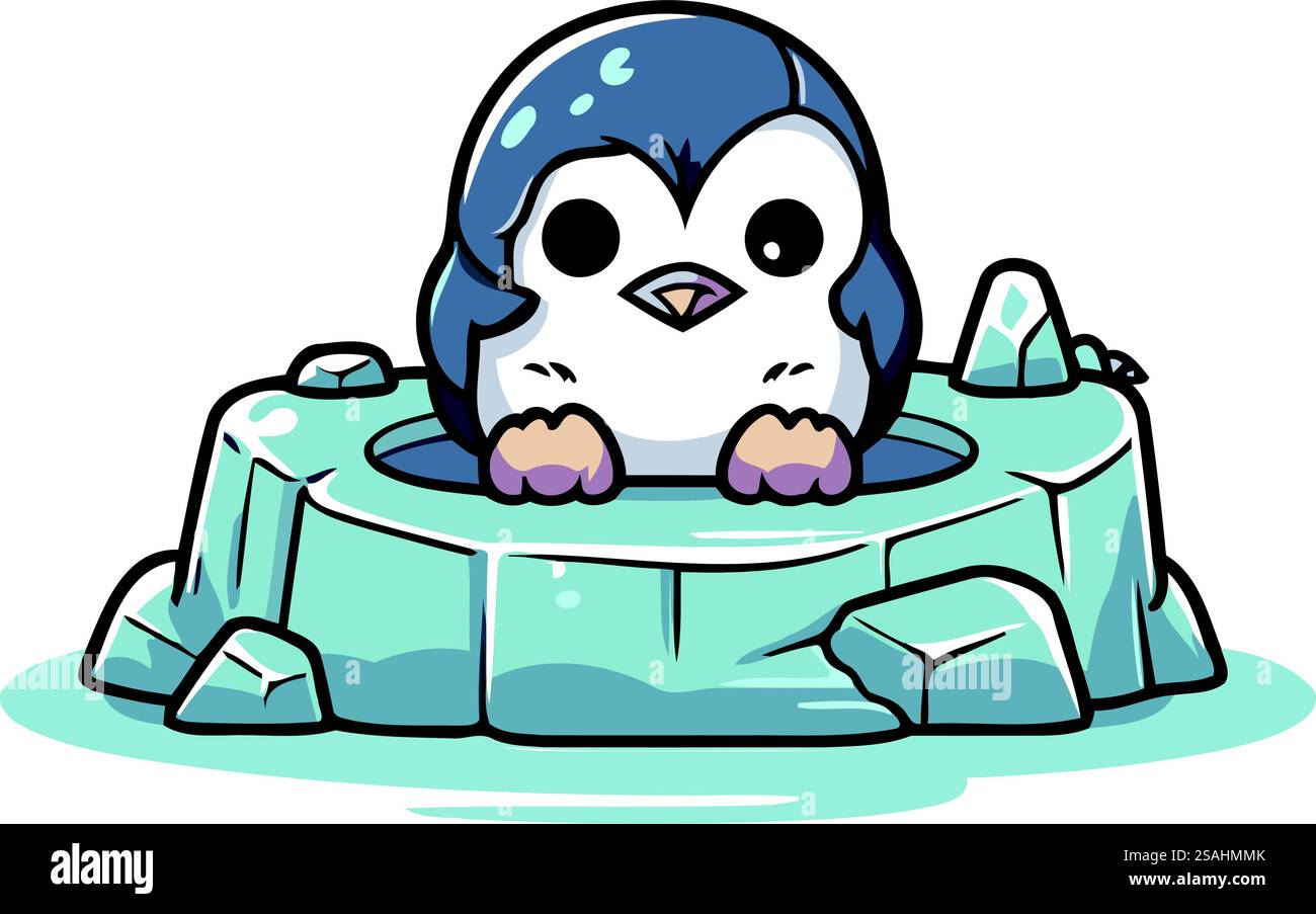 Cute cartoon penguin sitting on ice cube. Vector illustration Stock ...