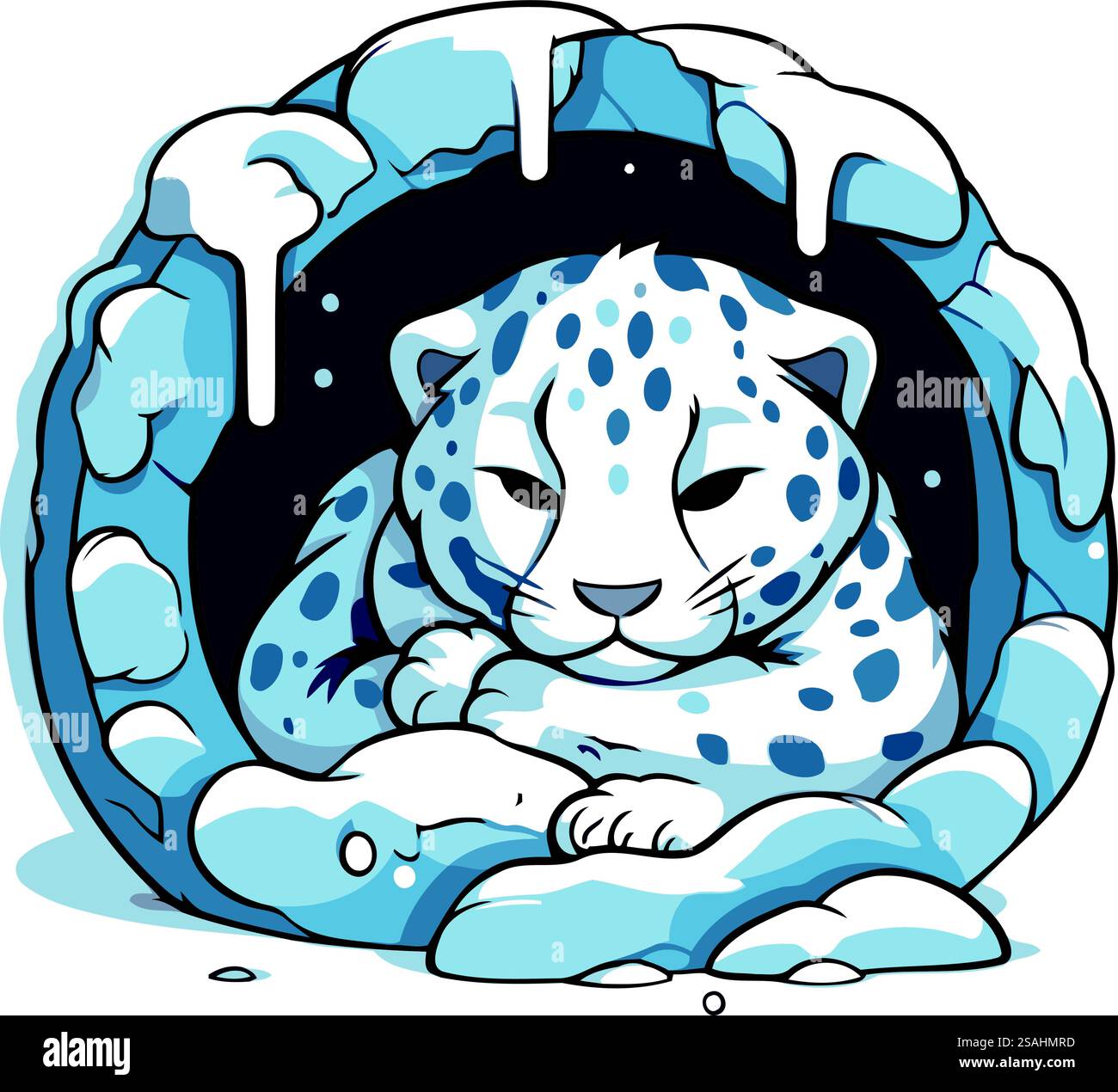 Cute cartoon snow leopard sleeping in the ice cave. Vector illustration ...
