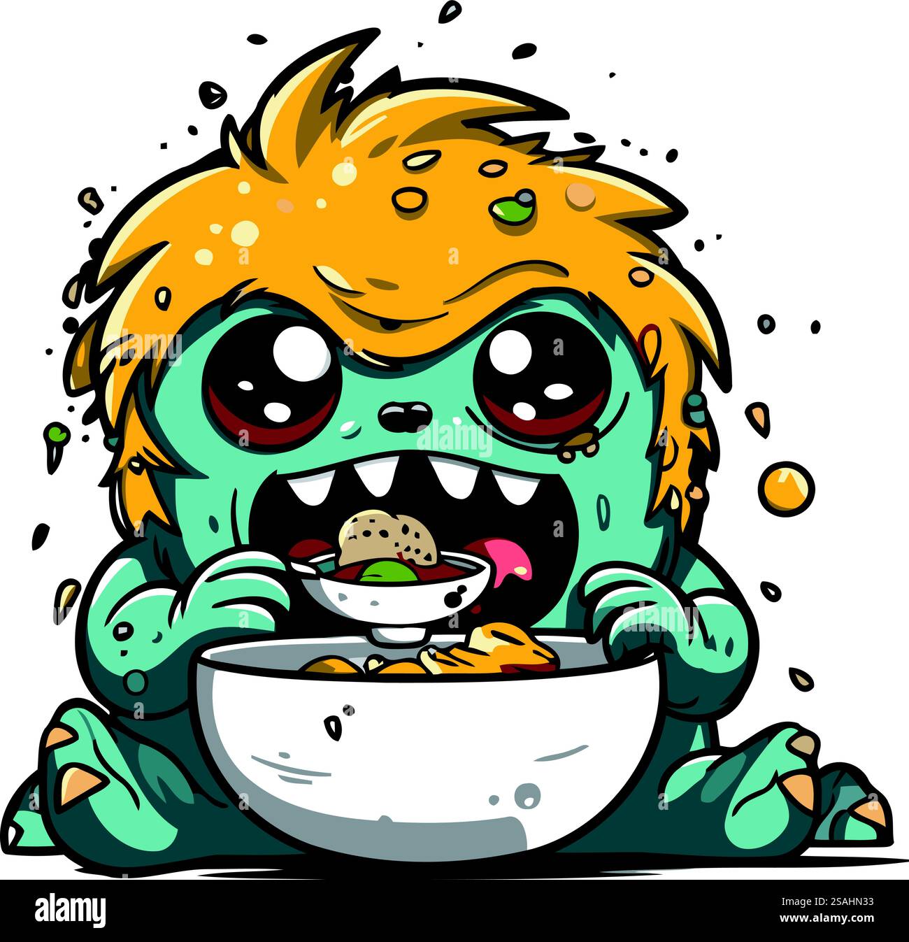 Funny cartoon monster eating a bowl of cereal. Vector illustration ...