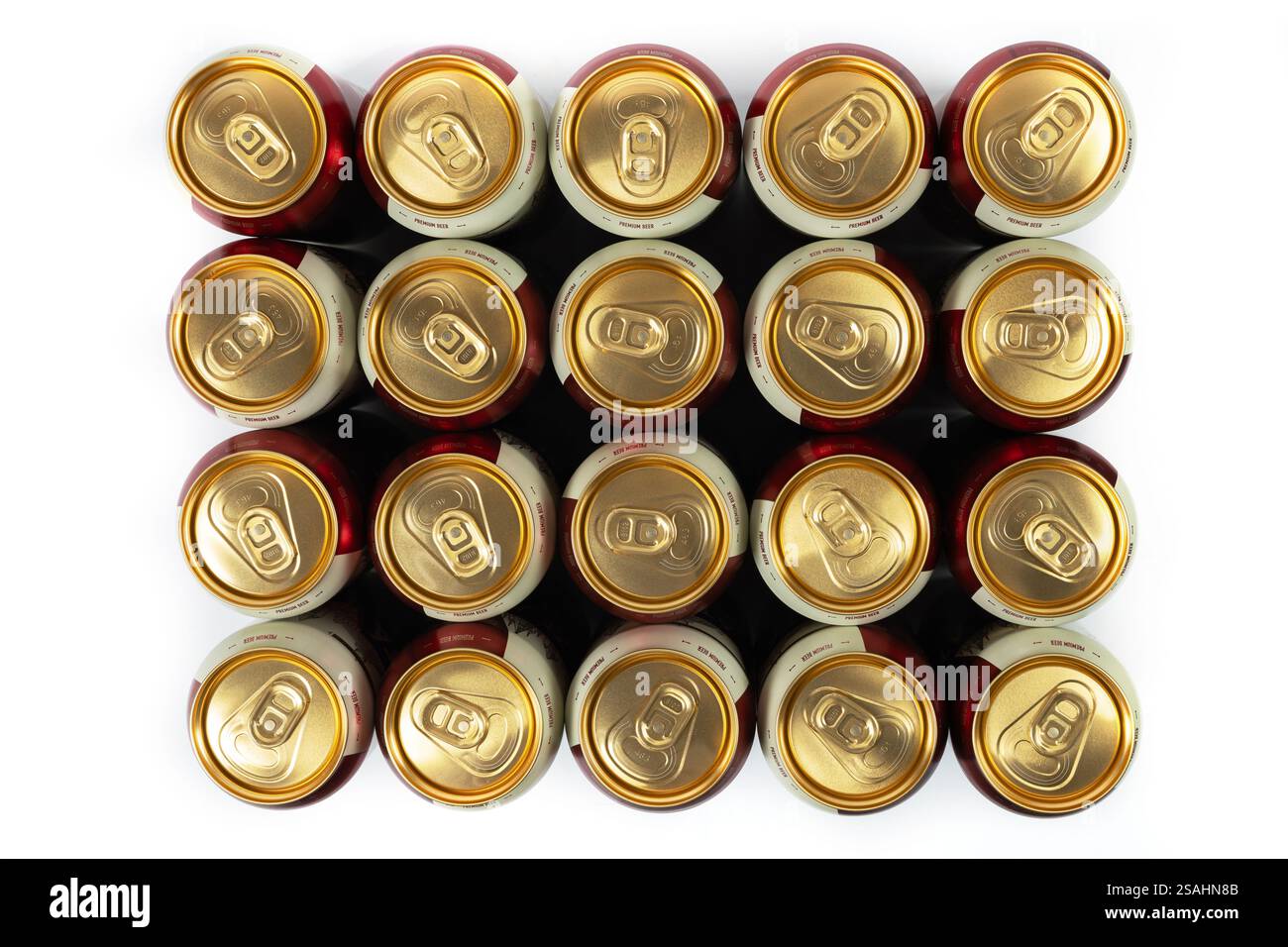 meta beer cans background top view Stock Photo - Alamy
