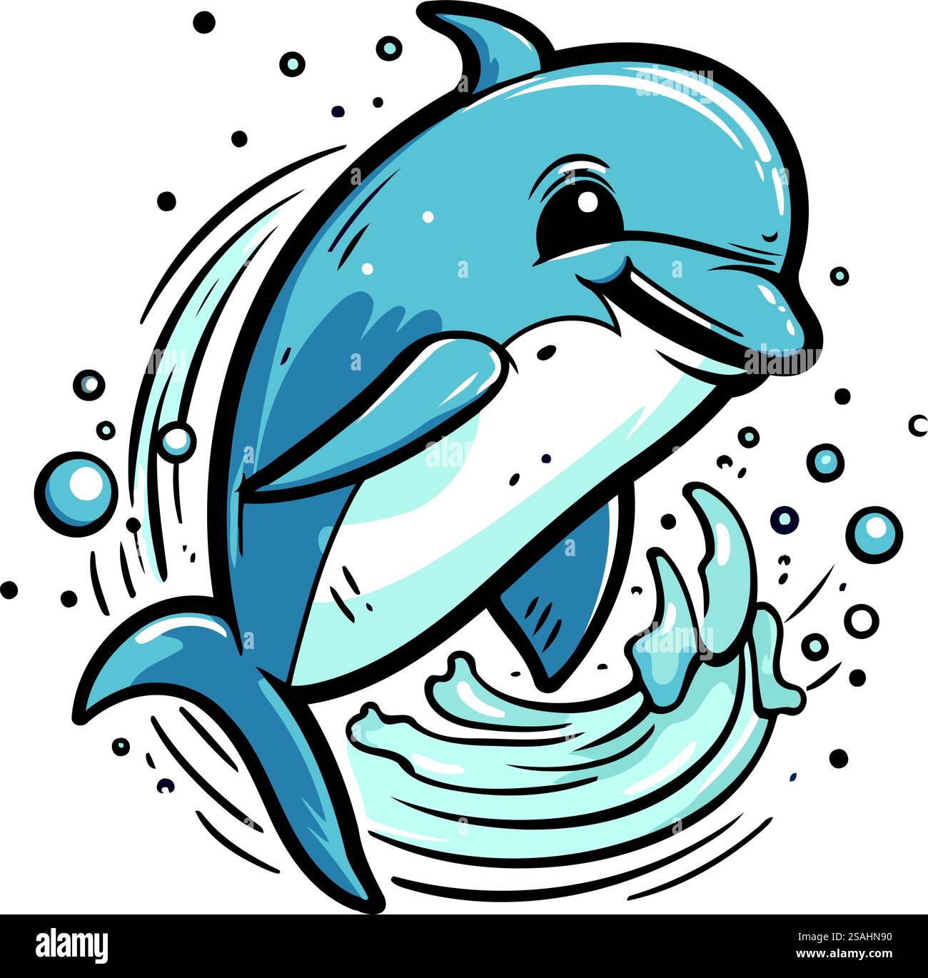 Vector illustration of a cute cartoon dolphin jumping out of the water ...