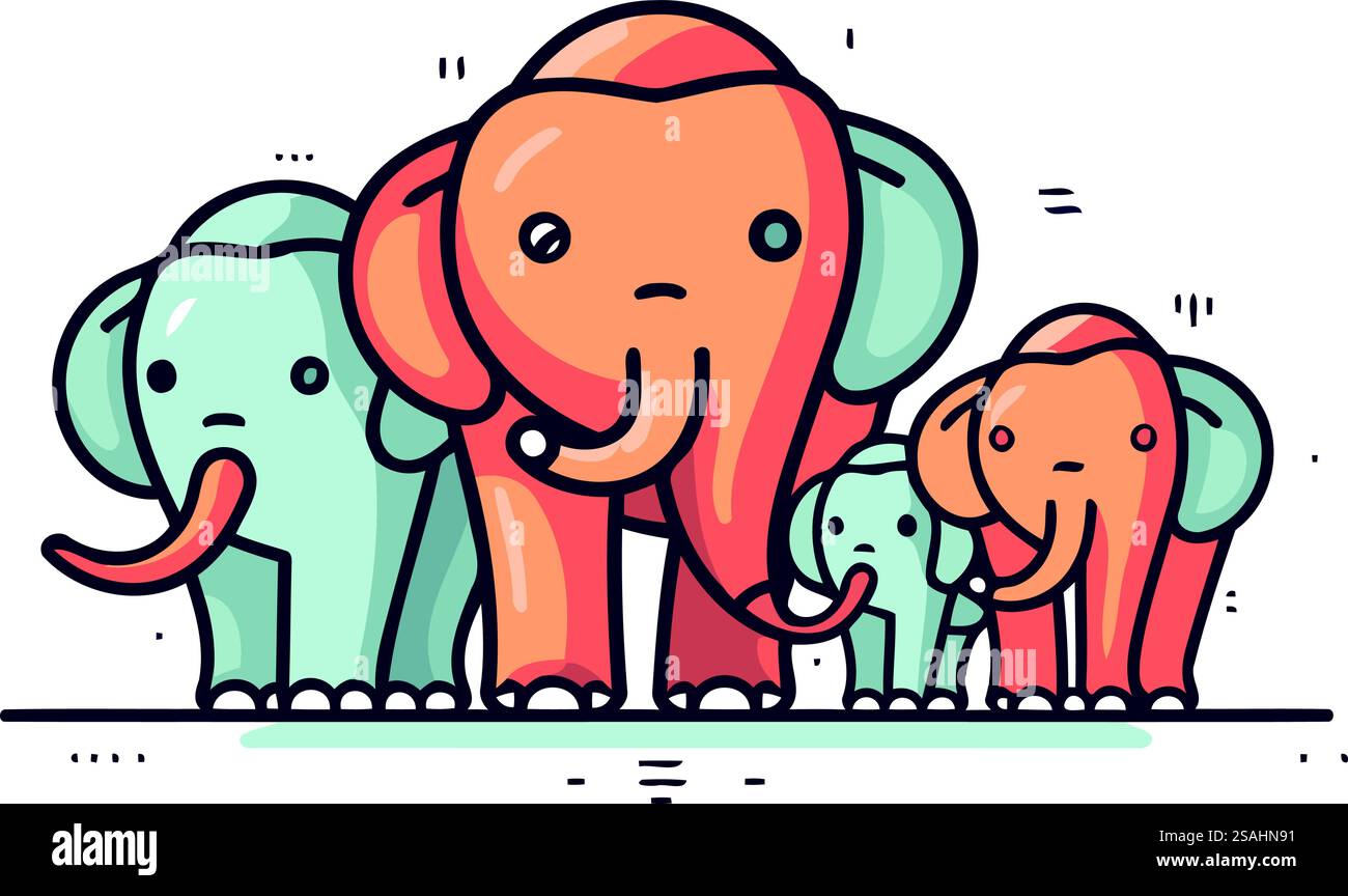 Cute elephant family. Vector illustration in line art style isolated on ...