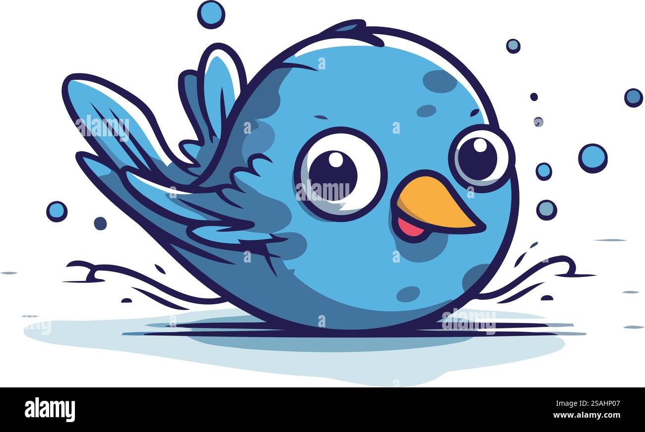 Cute cartoon blue bird with water drops isolated on white background ...