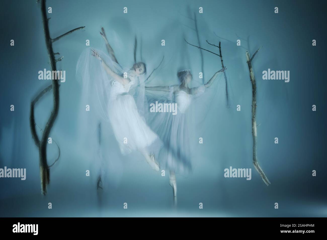 Ghostly ballet duet, weightless and surreal. Two elegant women, classic ...