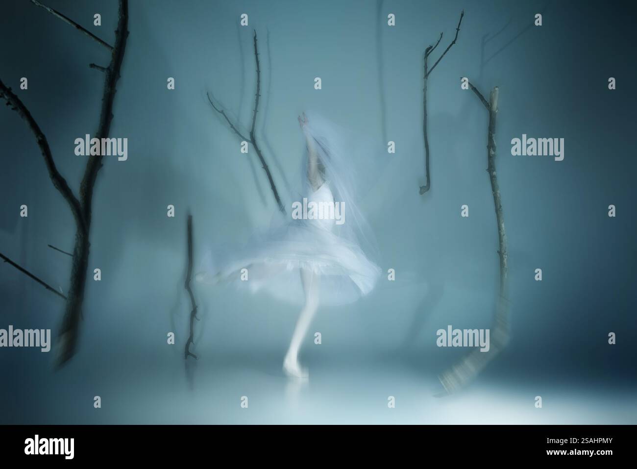 Phantom ballerina in flowing white dress and veil dissolving into mist ...