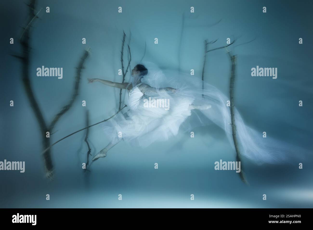 Ghostly ballerina floating in mist, caught mid-leap in mysterious foggy ...