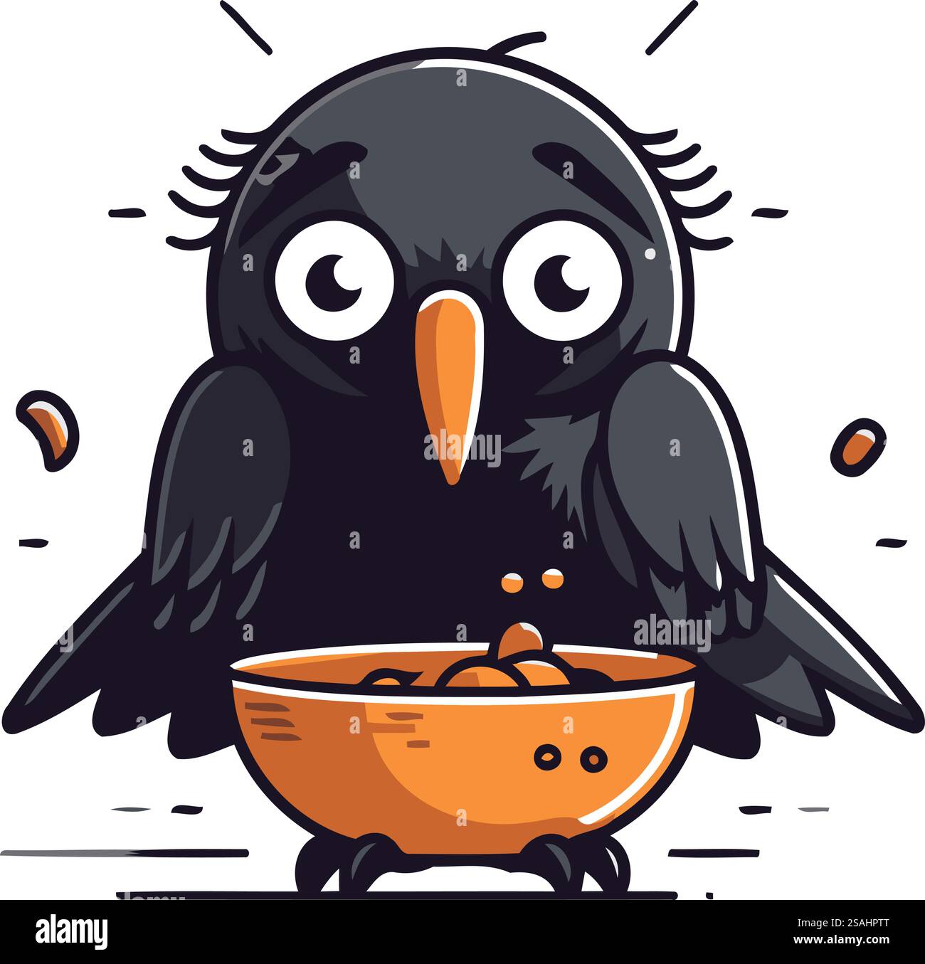 Cute black crow eating from a bowl of cereals. Vector illustration ...