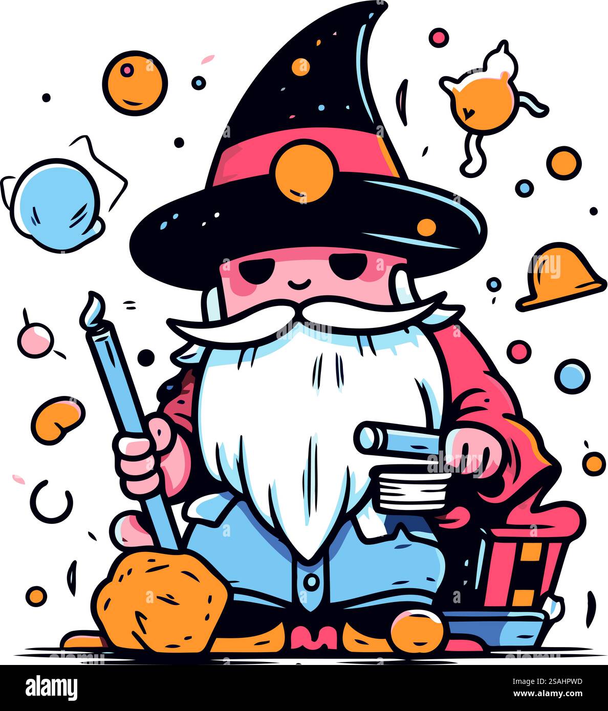 Wizard in a hat with a broom and a bucket. Vector illustration Stock ...