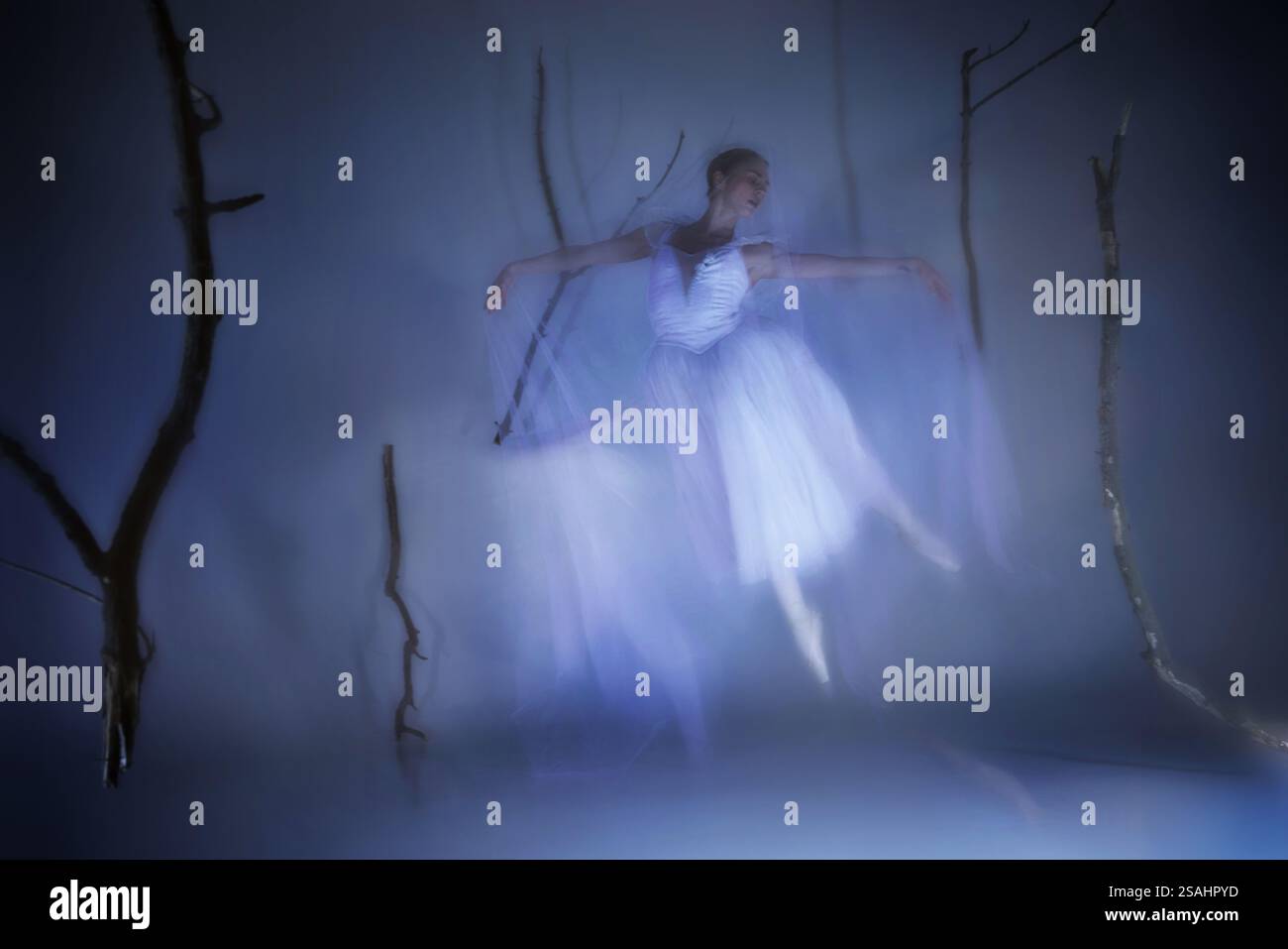 Ghostly ballerina floating mid-air, her veil trailing like mist. She ...