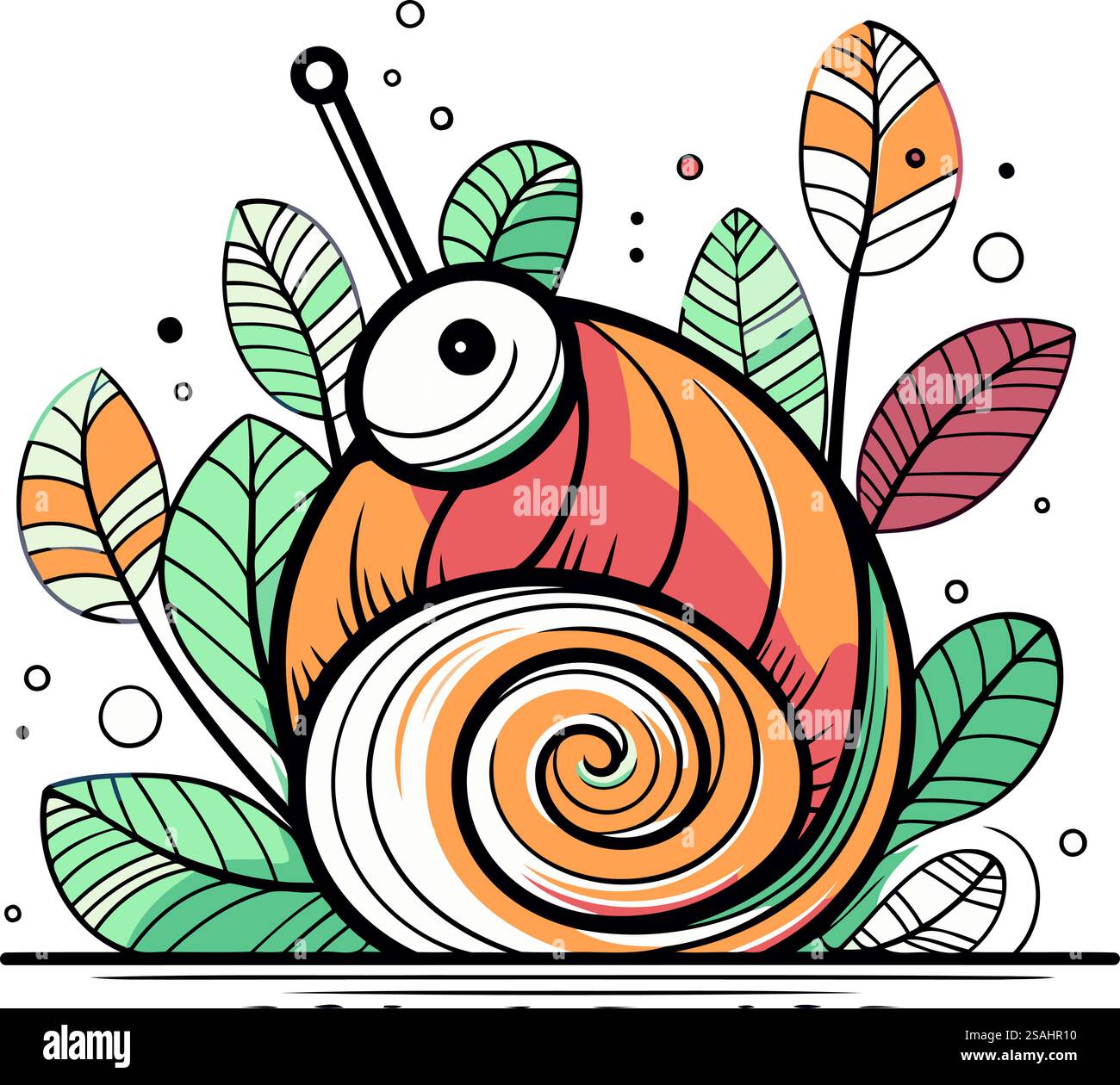 Cute snail with leaves on white background. Vector illustration in ...
