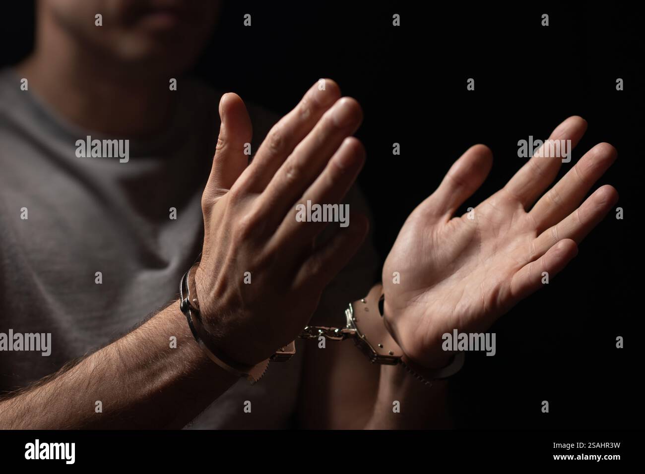 Man, criminal and handcuffs for interrogation, crime or money ...