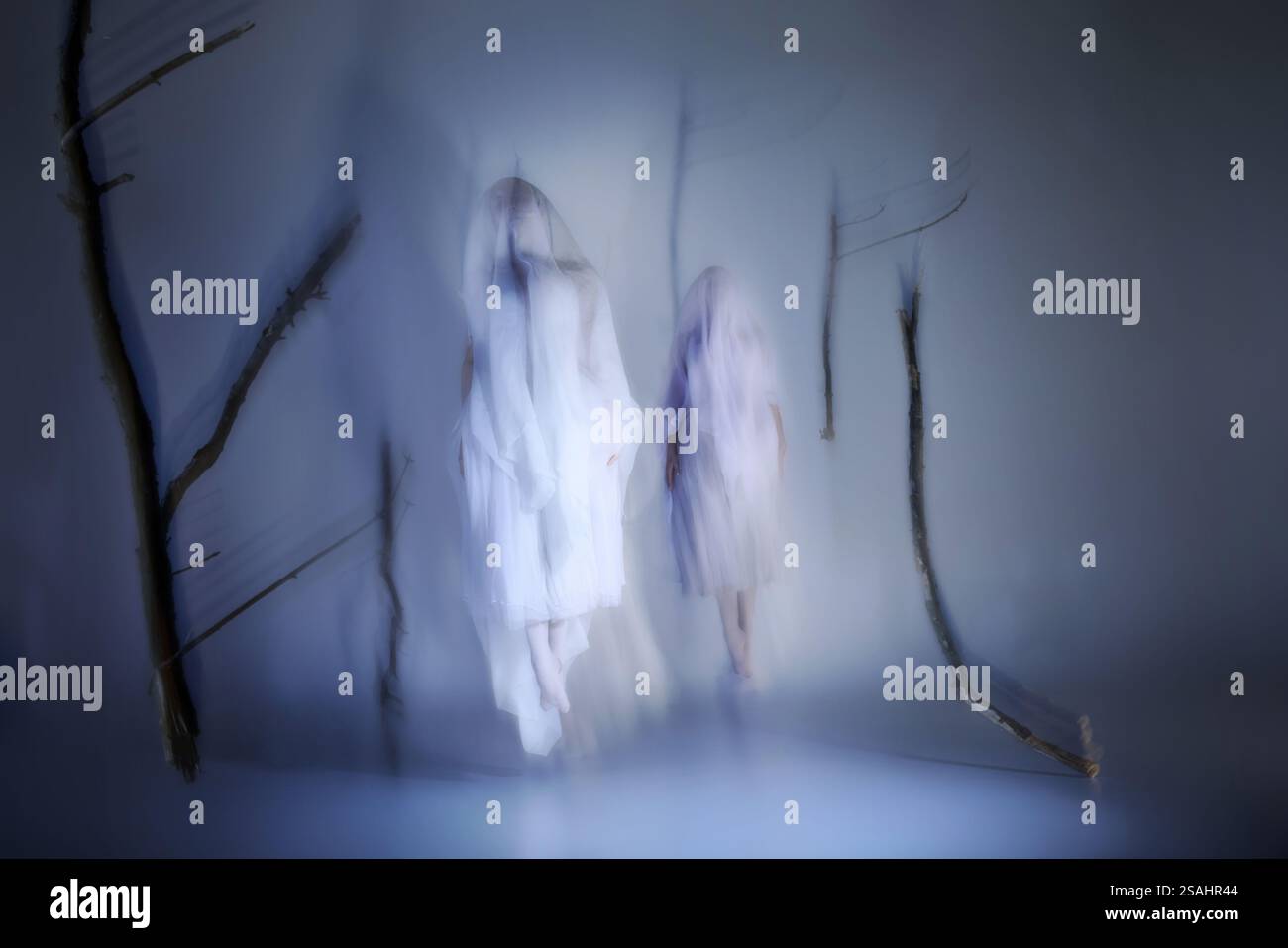 Surreal, mystical dance of ghostly ballerinas fading into mist. Light ...