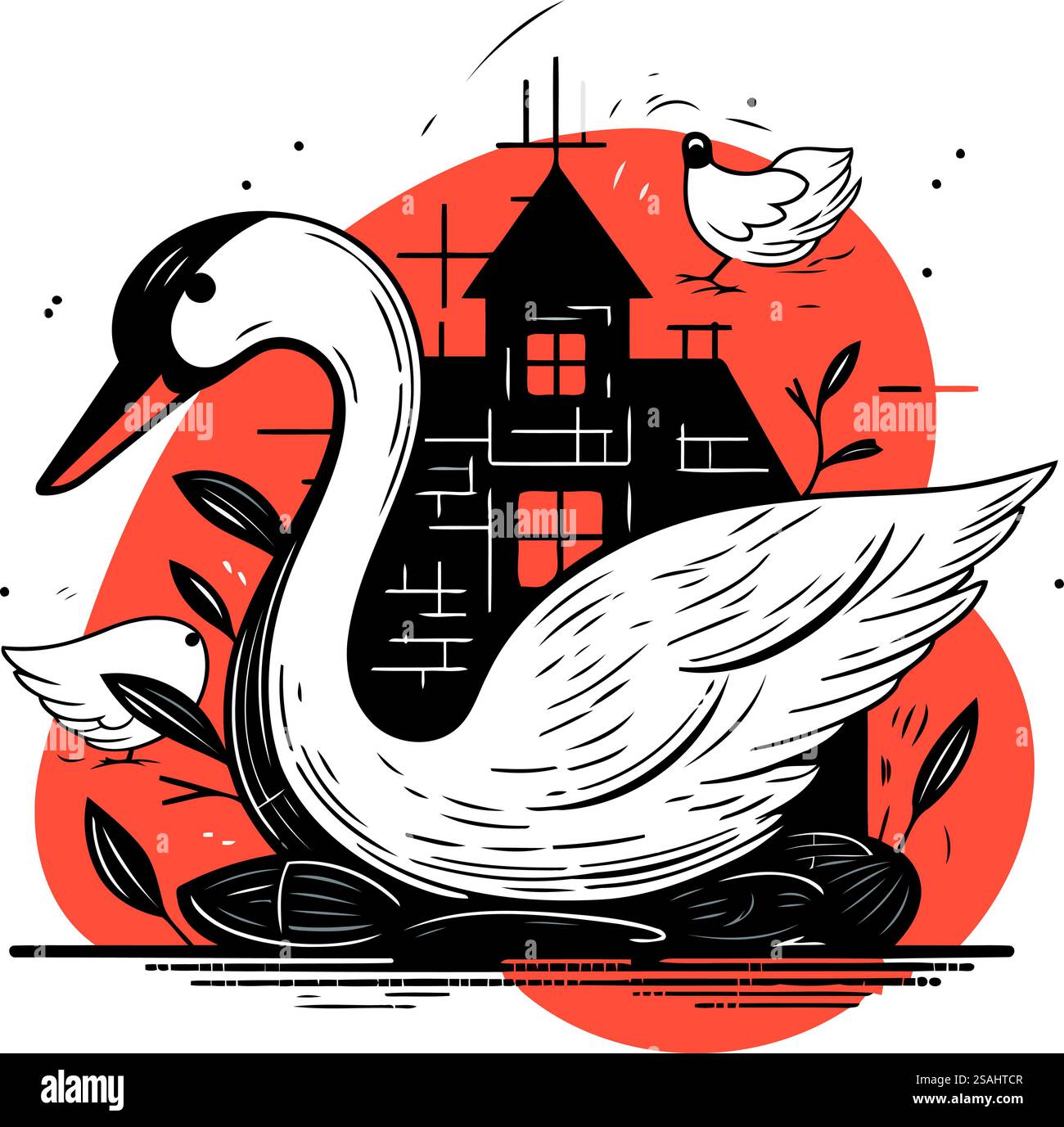 Swan in the shape of a house and a bird. Vector illustration Stock ...