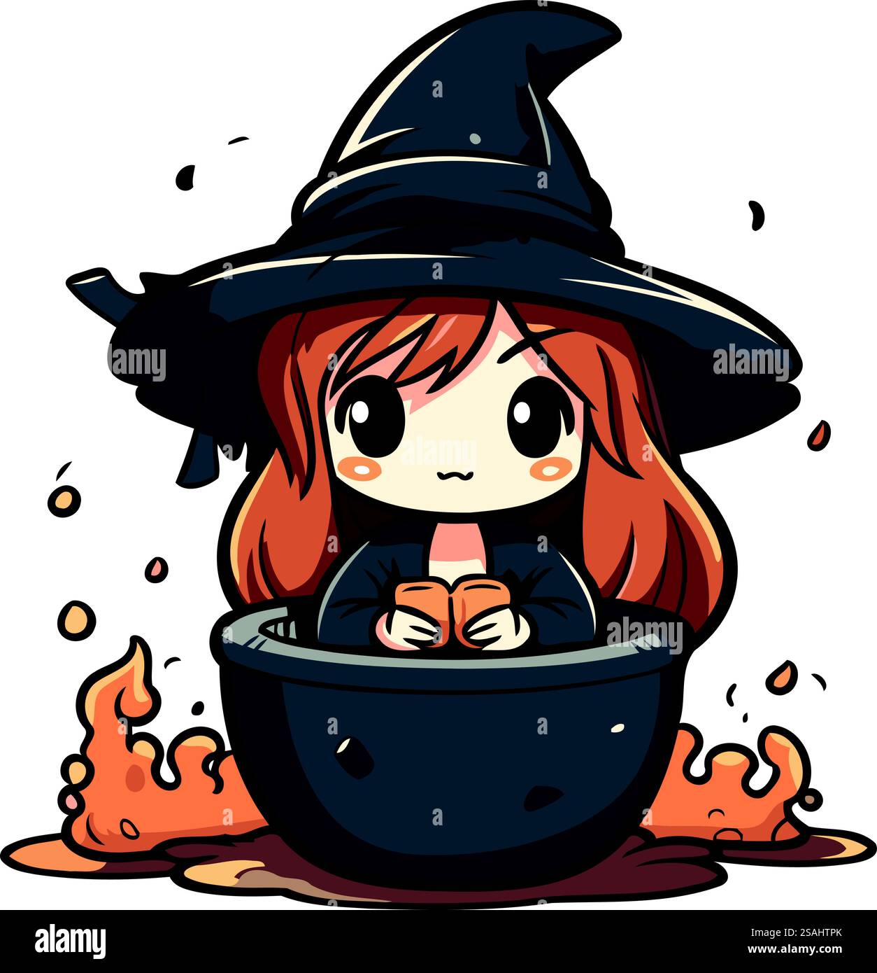 Cute little witch girl with a pot of potion. Vector illustration Stock ...