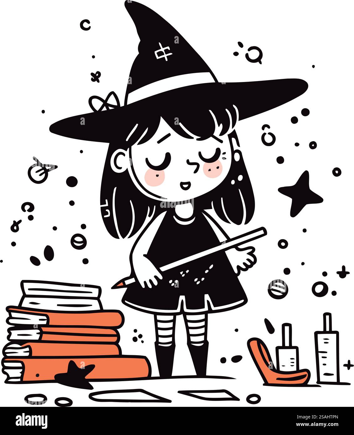 Cute girl in witch costume with magic wand and books. Vector ...