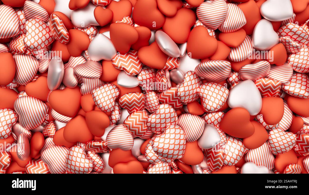 Red and pink textured hearts background for Valentine's Day. Pile of hearts. Romantic backdrop ...