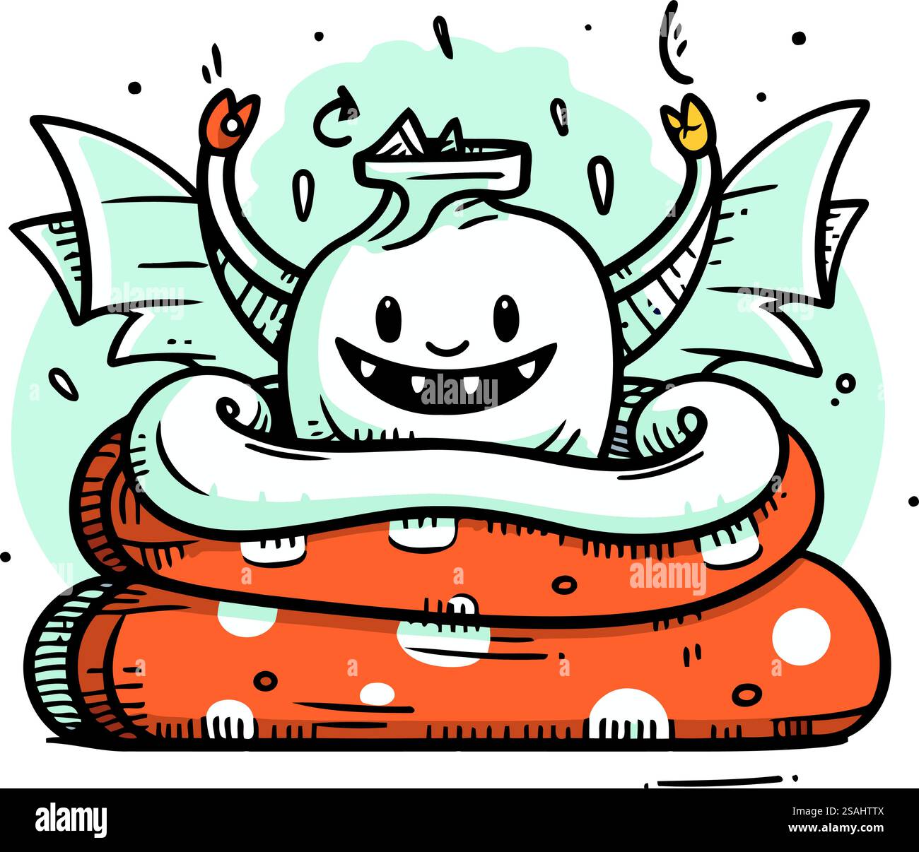 Cartoon monster on a beach. Vector illustration of a cute monster Stock ...