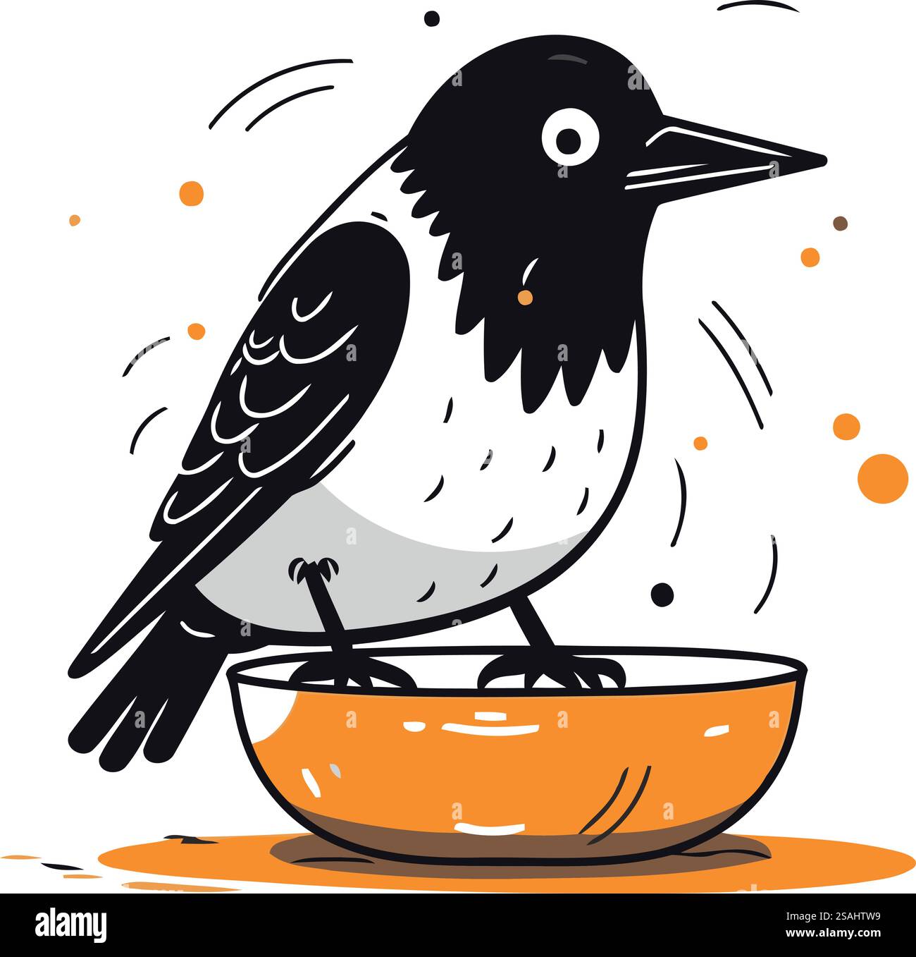 Crow eating from a bowl. Vector illustration in cartoon style Stock ...