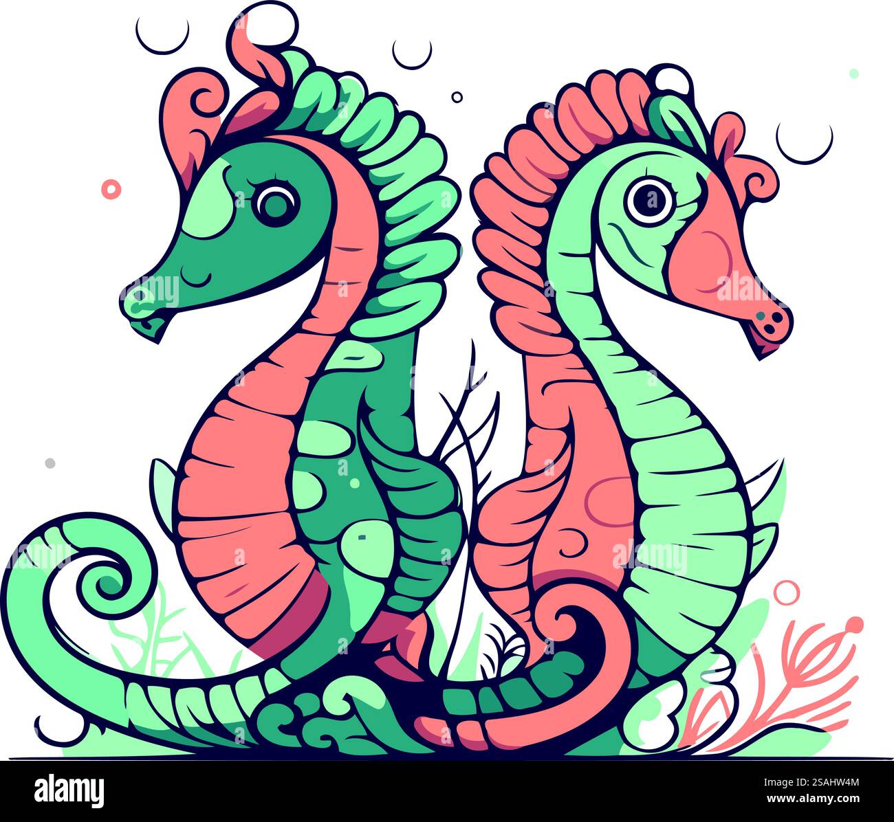 Two seahorses. Hand drawn vector illustration in doodle style Stock ...