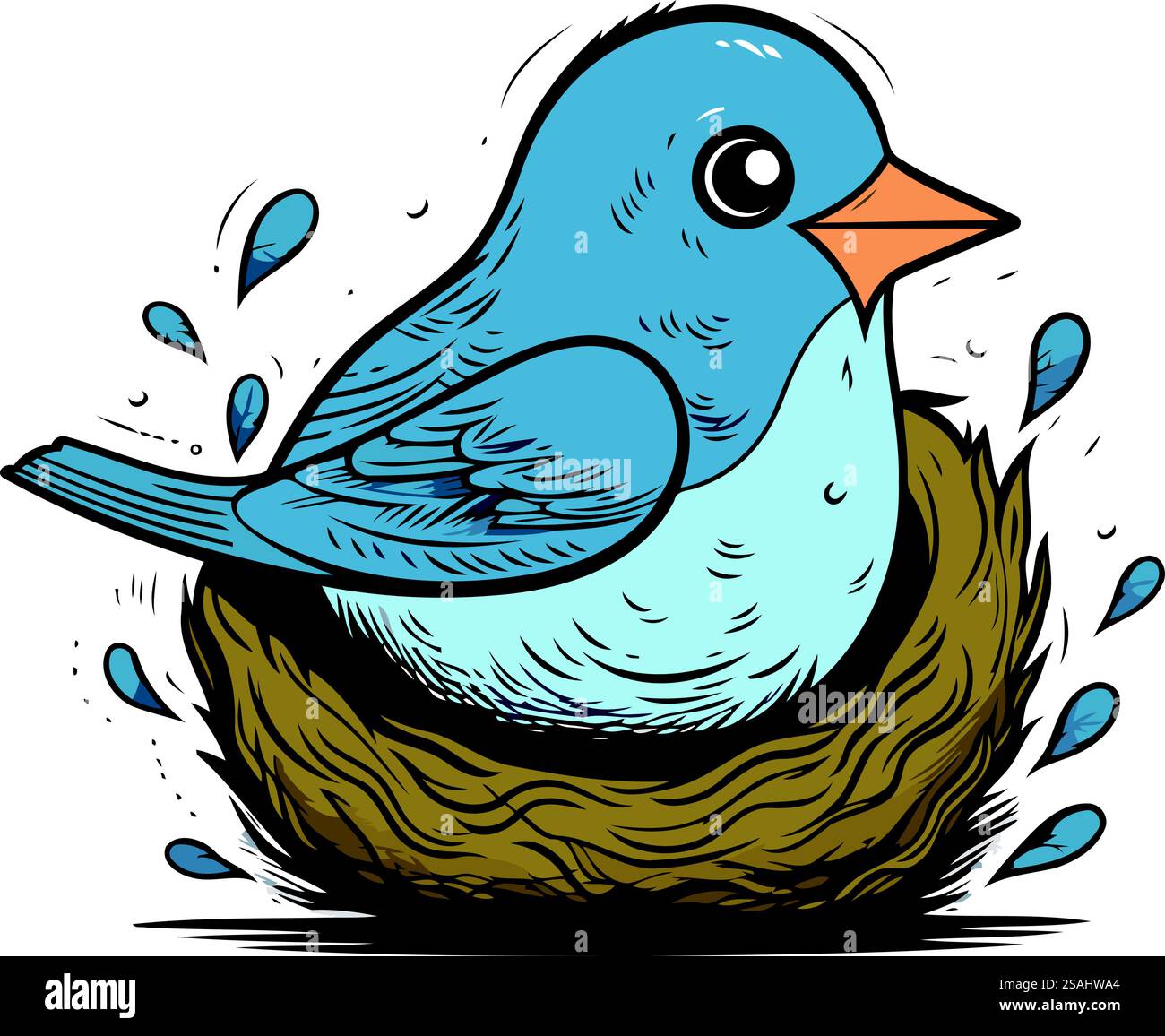 Vector illustration of a blue bird in a nest with water drops Stock ...