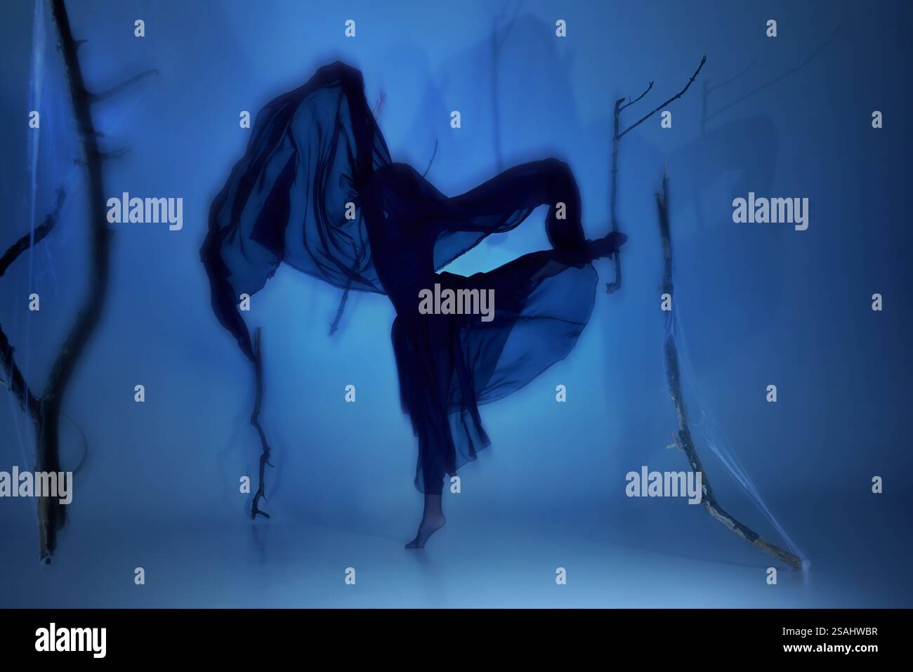 Ghost like ballerina dancing in dark shadows and mist, black veil ...