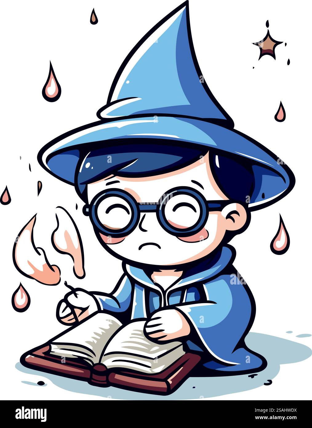 Witch reading a book and holding a magic wand. Vector illustration ...
