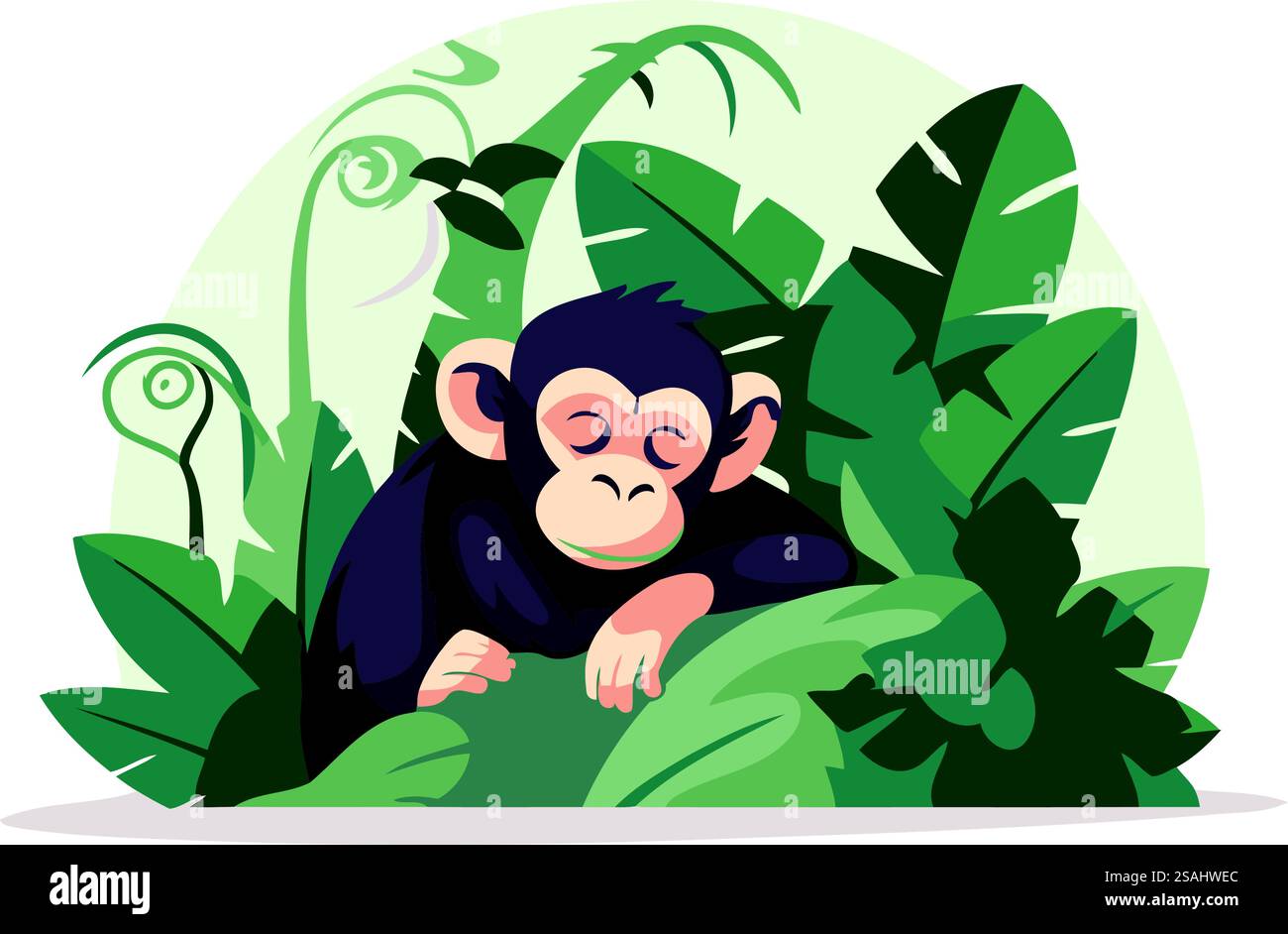 Chimpanzee sitting on the green leaves. Vector illustration Stock ...