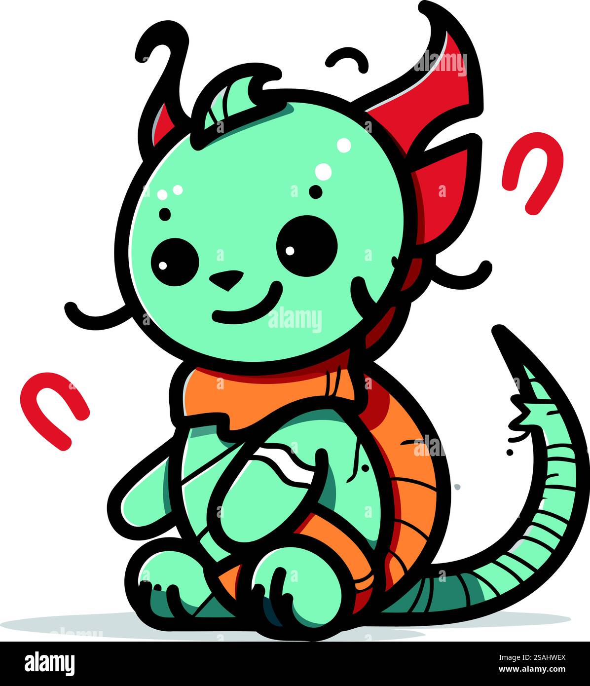 Cute cartoon little dragon with question mark. Vector illustration ...