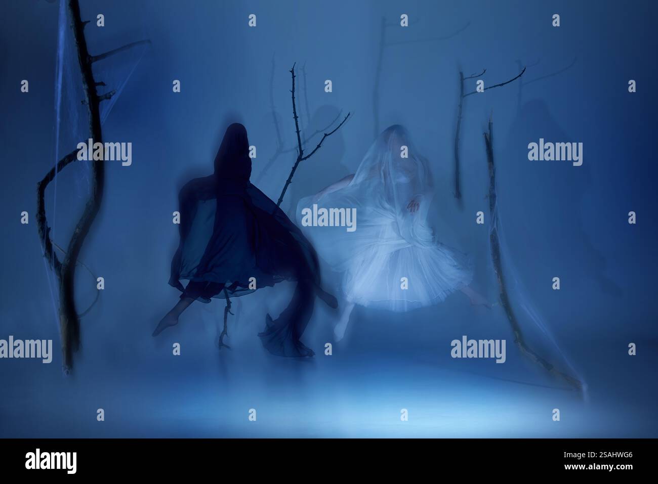 Darkness meets light. Two female ballet dancers, ghost like figures ...