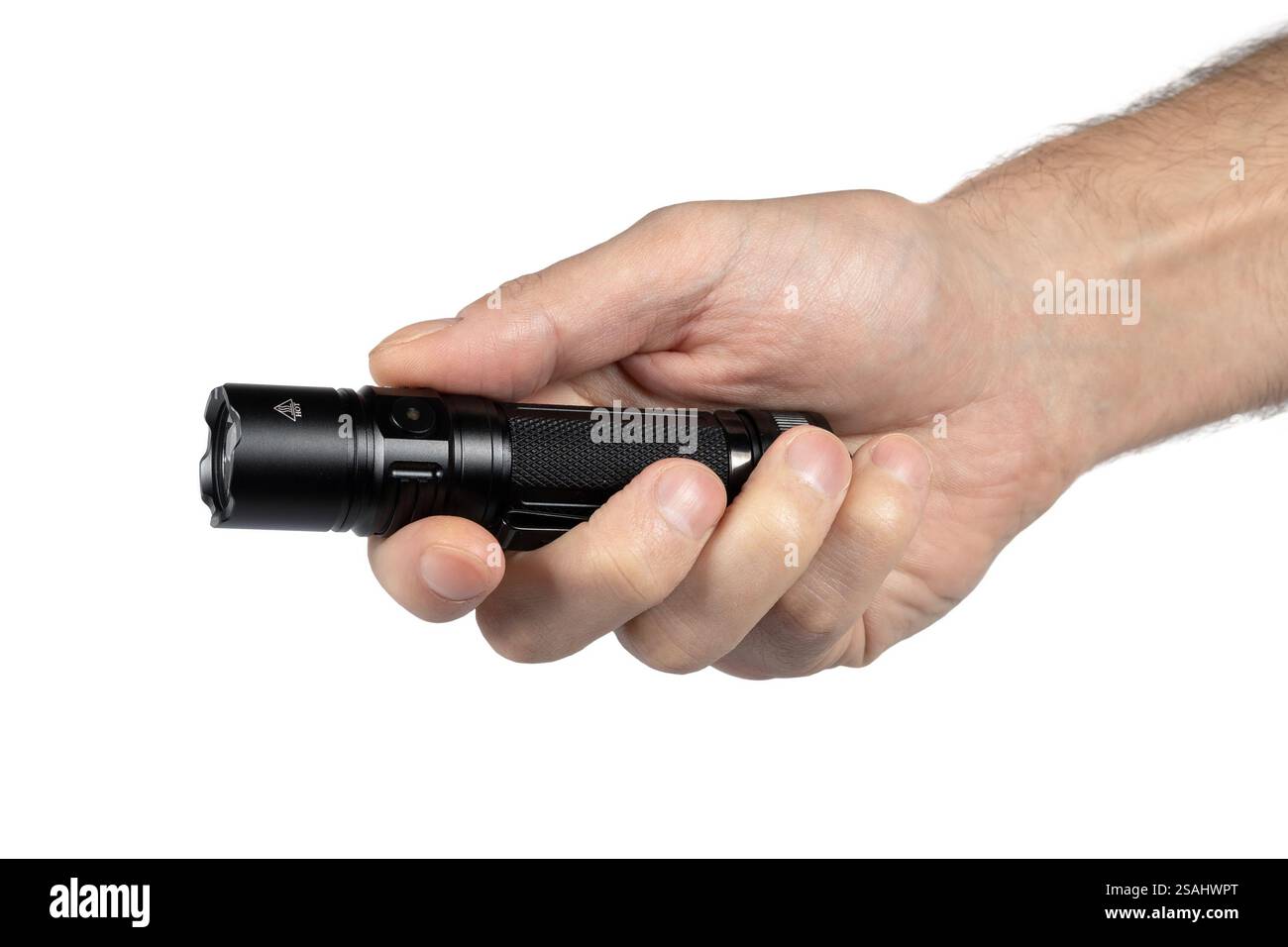Hand holding flashlight isolated on white background Stock Photo - Alamy