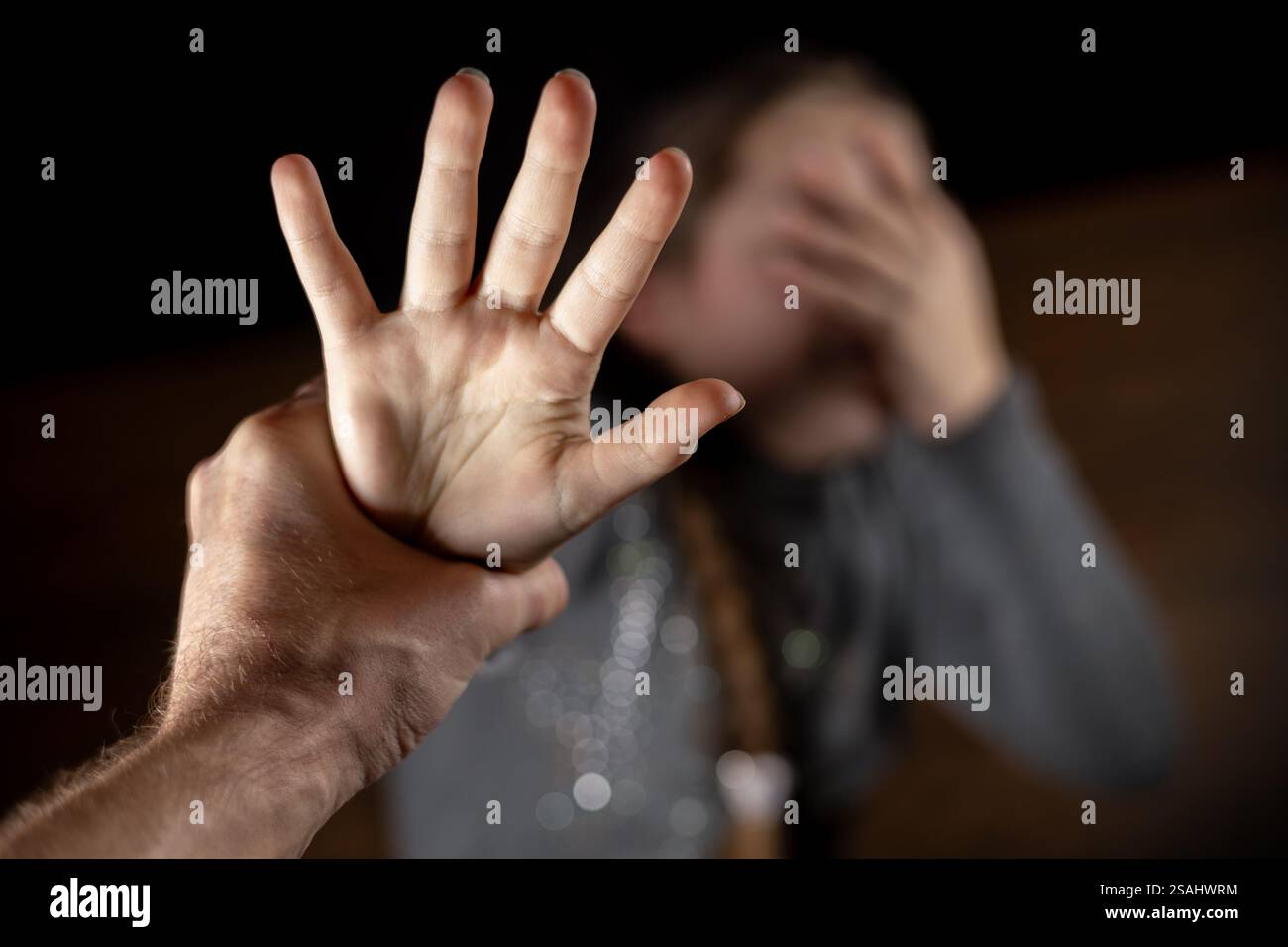 Crying teenage girl showing a stop sign with her hand Stock Photo - Alamy