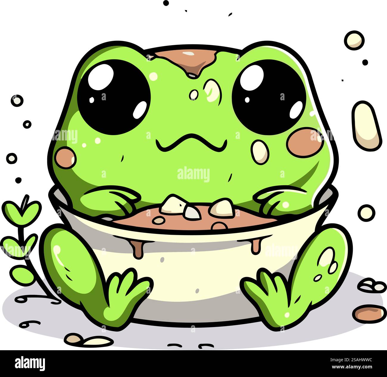 Cute cartoon frog sitting in a bowl of food. Vector illustration Stock ...