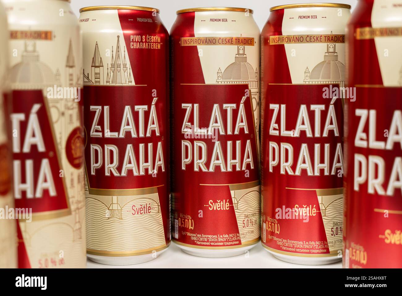 Dnipro, Ukraine - feb 21, 2024: Zlata Praha Czech beer cans against ...
