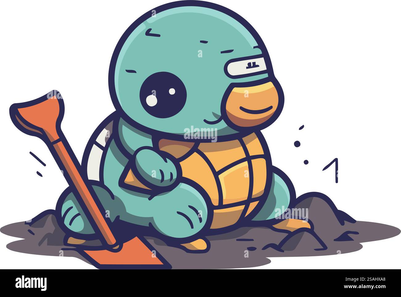 Cartoon turtle with a shovel in the sand. Vector illustration Stock ...
