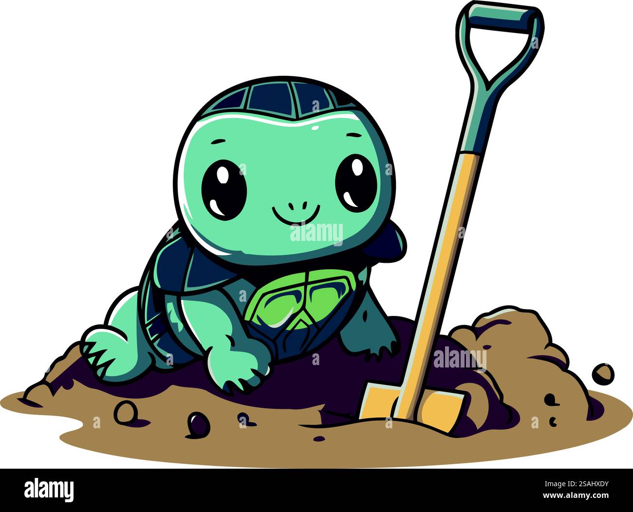 Cute little turtle digging in the ground with shovel. Vector ...