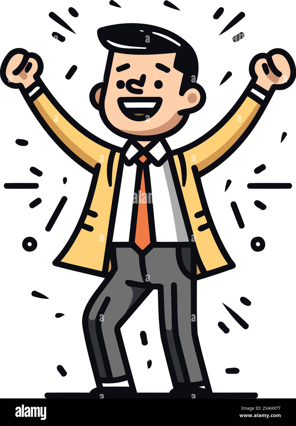 Happy businessman with hands up. Vector illustration in thin line style ...