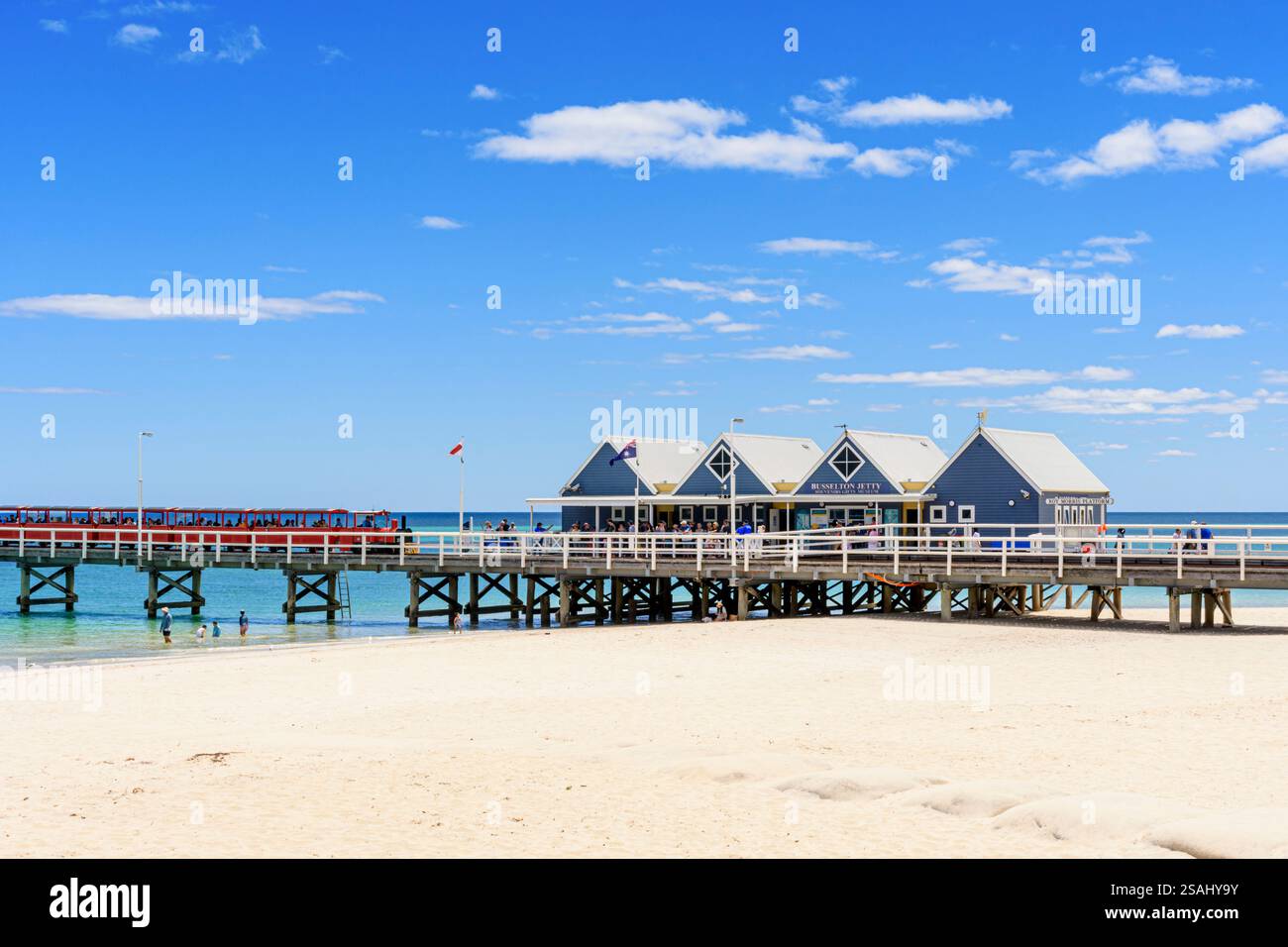 Busselton Jetty sitting above Busselton beach and calm water of ...