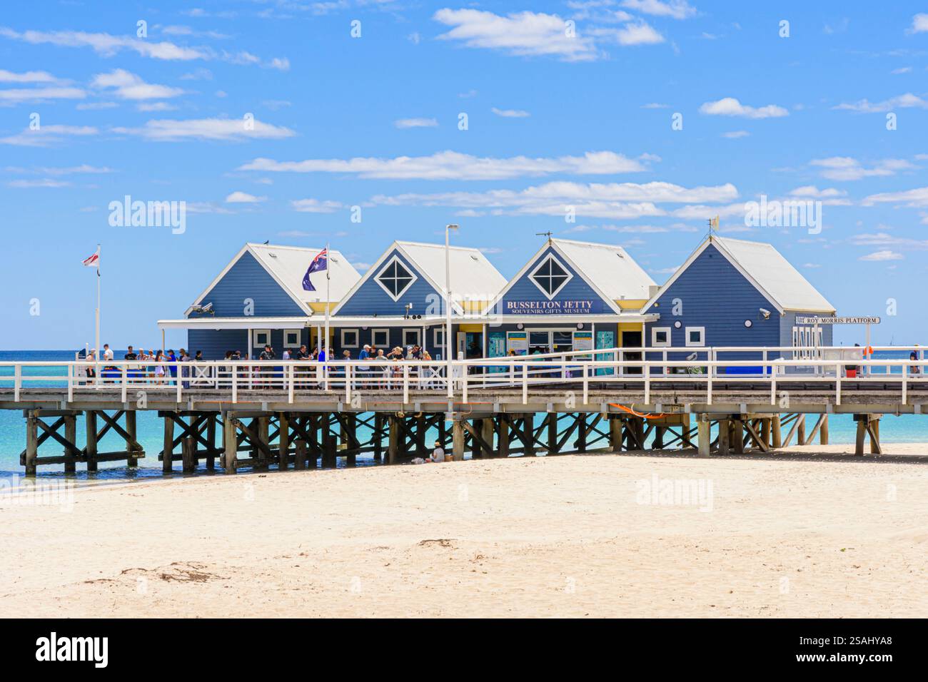 Busselton Jetty sitting above the calm water of Geographe Bay ...