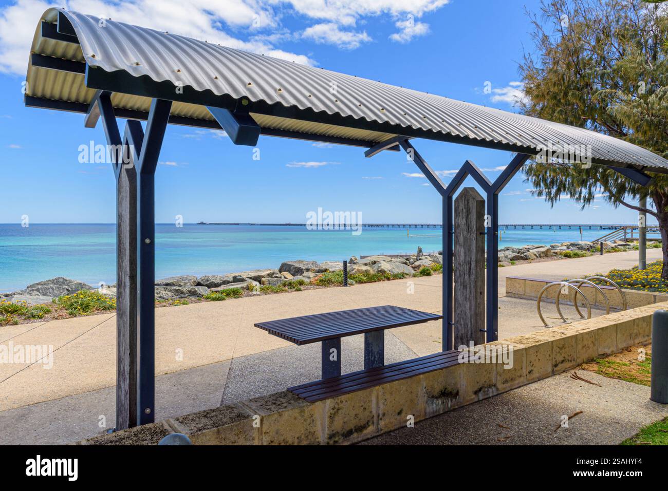 Shaded table and bench along the coastal path looking towards Busselton ...