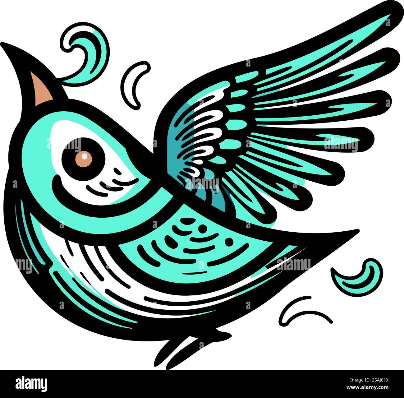 Hand drawn blue bird with wings. Vector illustration on white ...