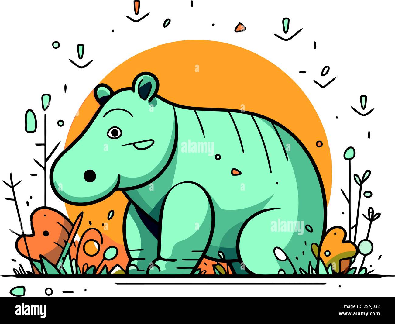 Cute hippopotamus in the jungle. Vector illustration in a flat style ...