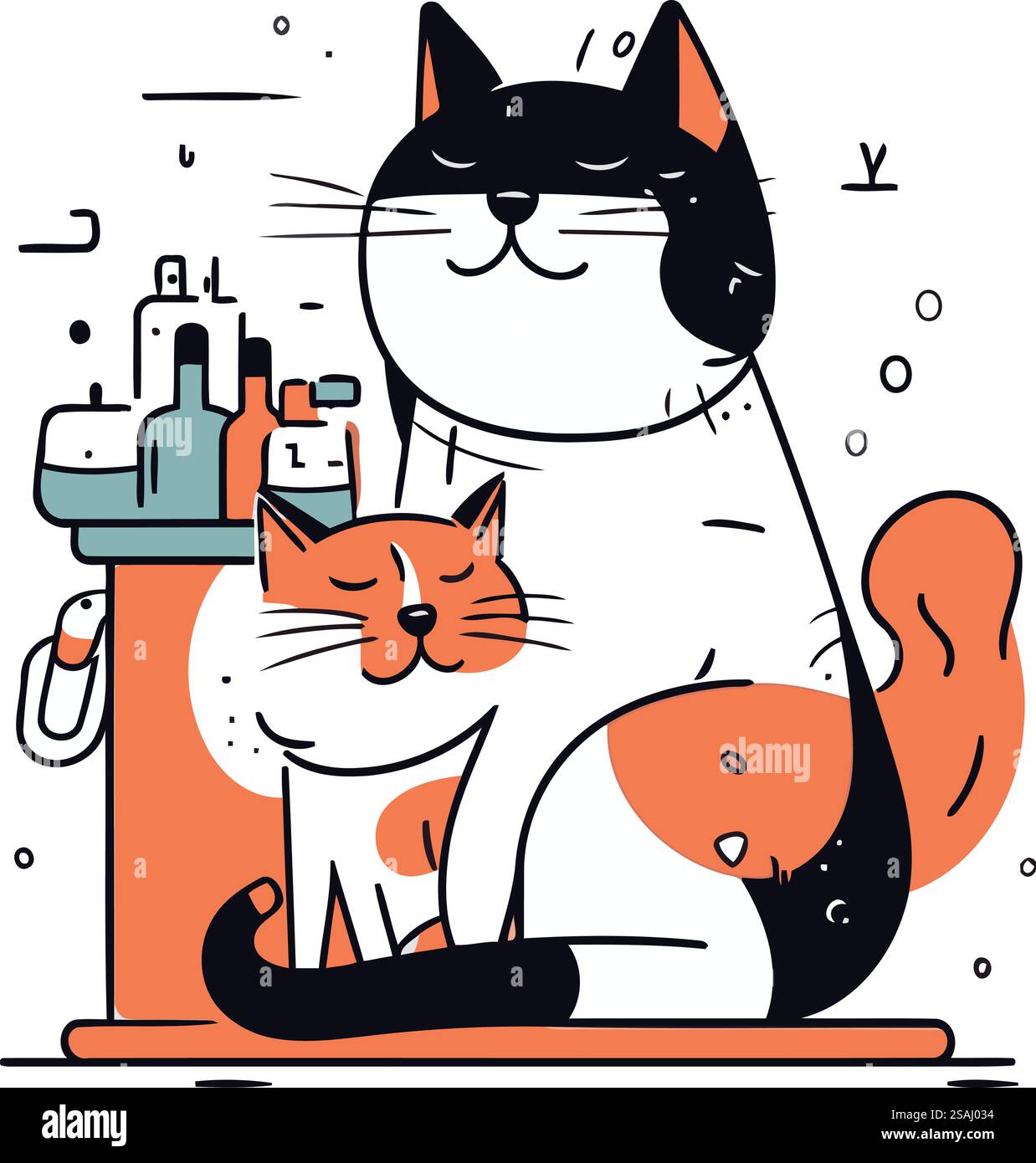 Cat grooming. Vector illustration in line art style on white background ...