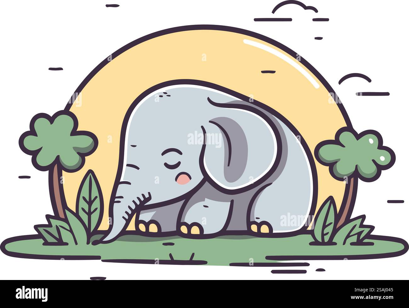 Cute elephant sleeping on the grass in the park. Vector illustration ...