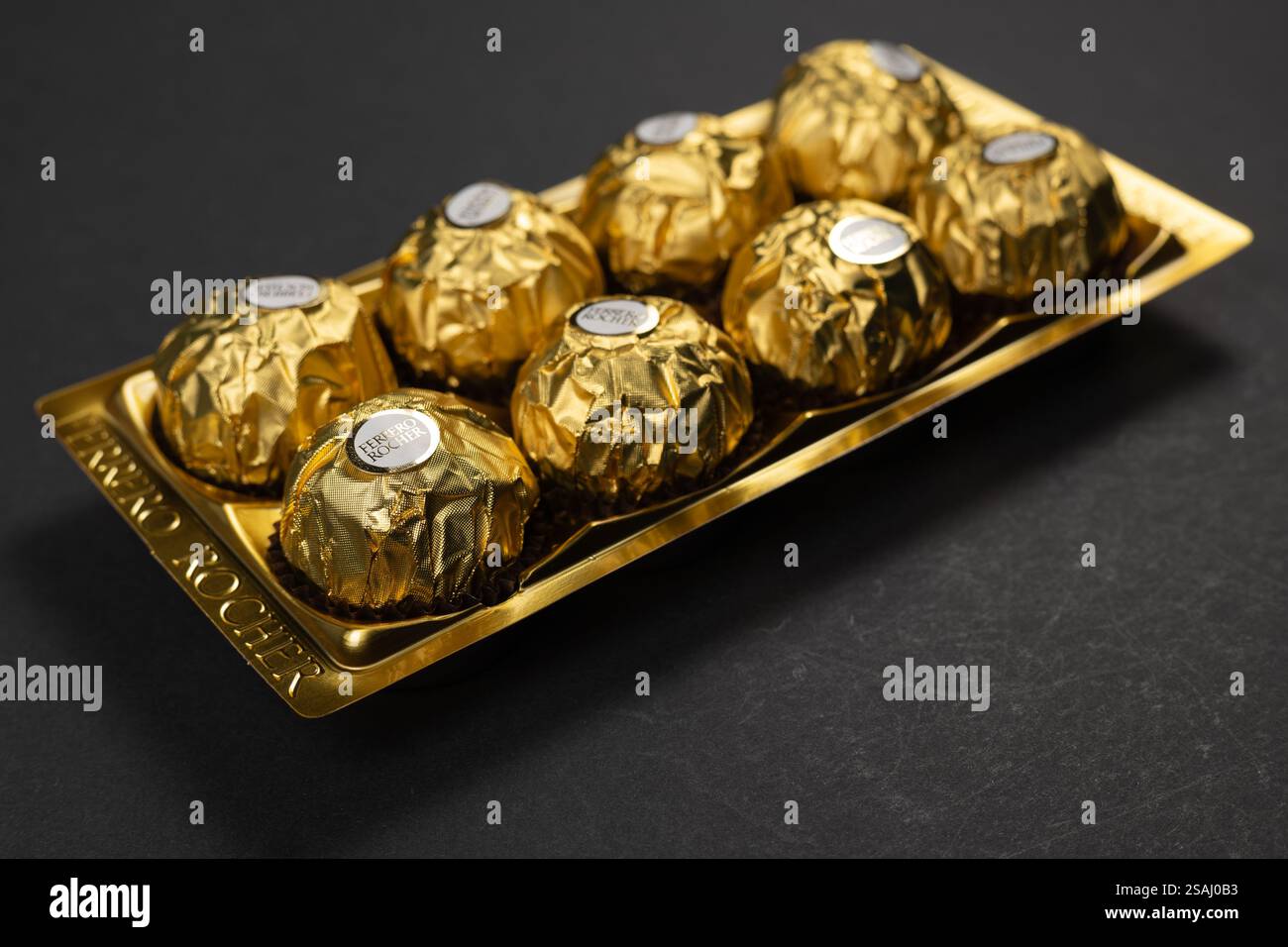 Dnipro. Ukraine 03.01.2024: Ferrero Rocher chocolate and hazelnut ...